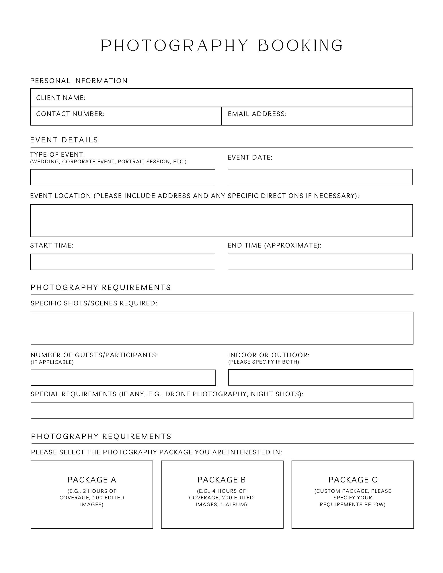 Photography Business Forms: Client Questionnaire, Pricing Guide (canva ...