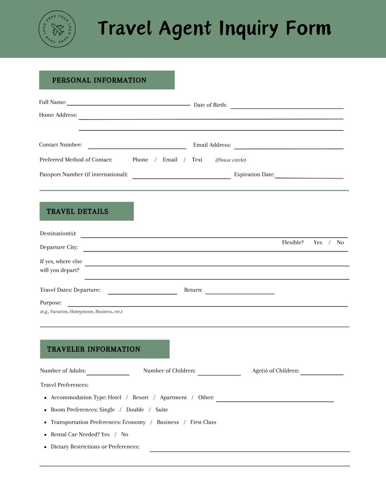 Travel Agent Client Intake Form: Editable Canva Template - Etsy