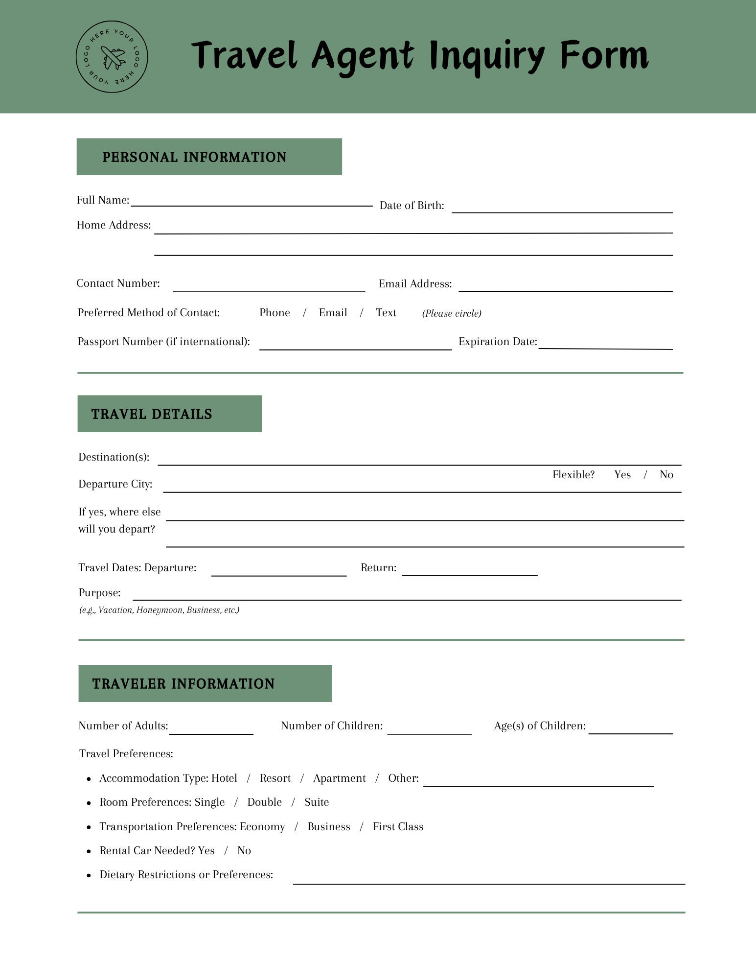 Travel Agent Client Intake | Travel Inquiry Form | Editable Intake Form ...