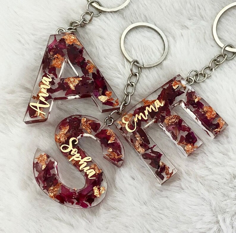 Rose Initial Resin Keyring - Etsy UK