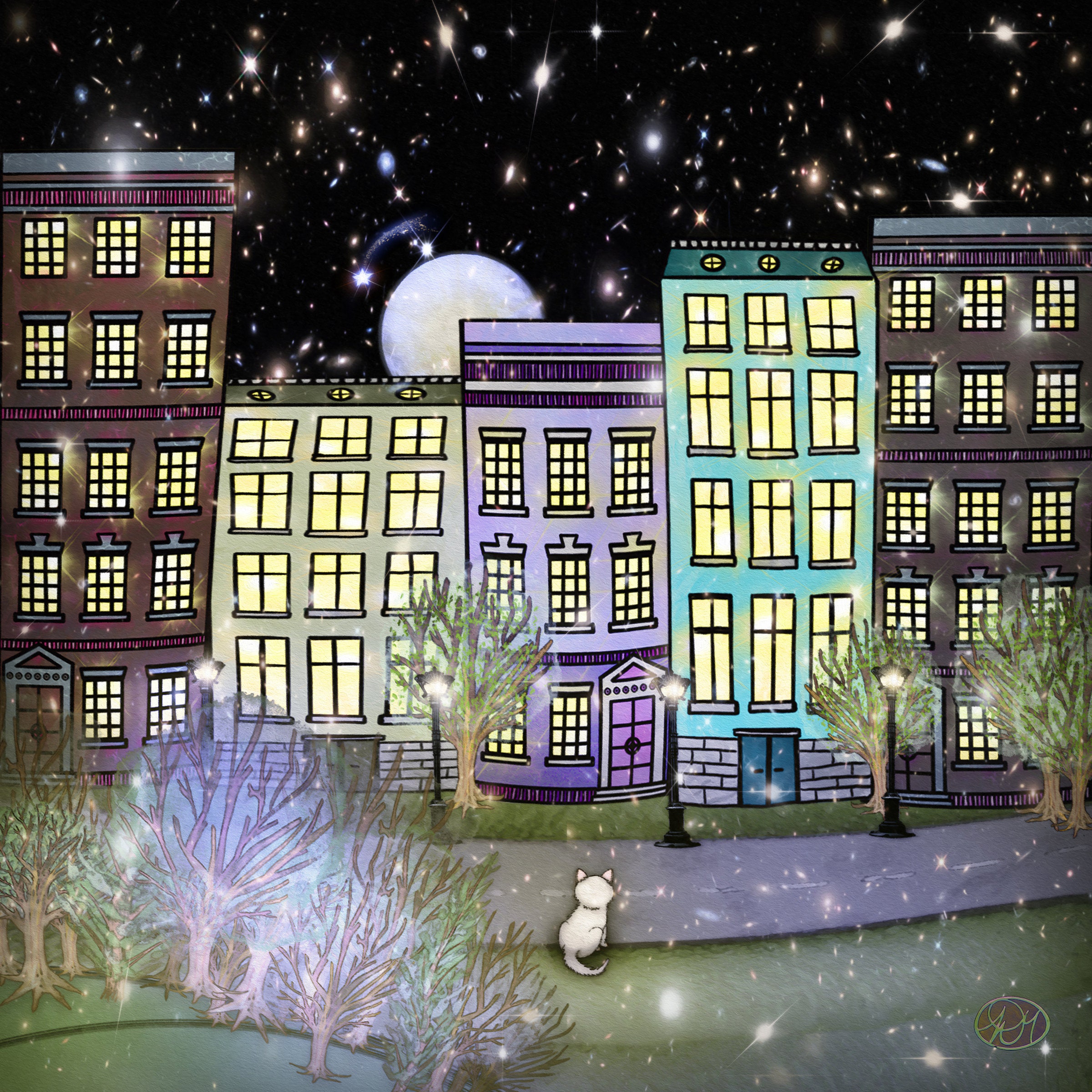 Row house skyline at night art print park trees stars | Etsy