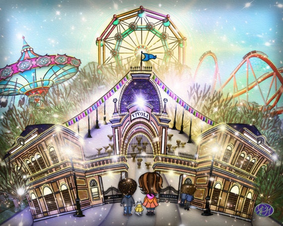 Magical amusement park digital art print girl dog roller | Etsy