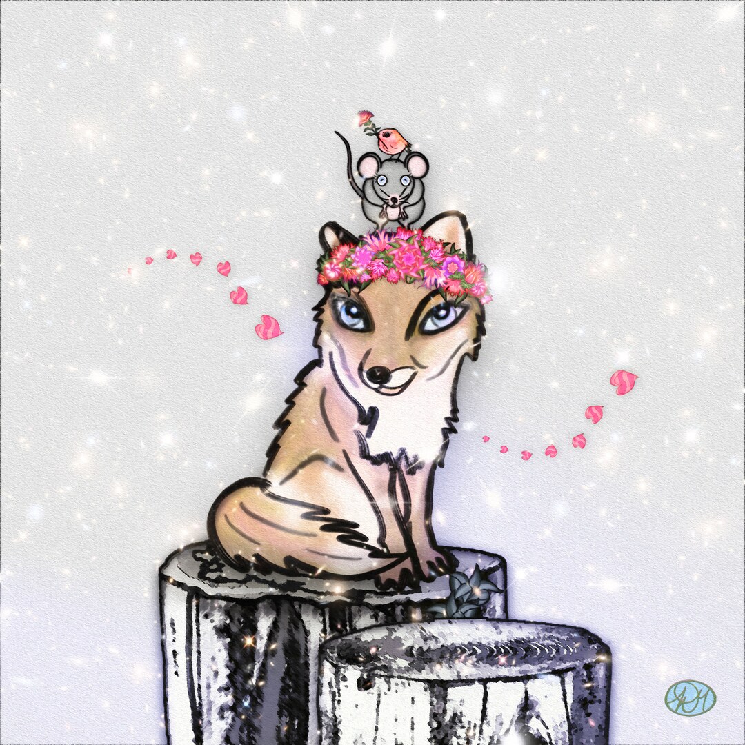 Sweet Friends Fox Stack Art Print love Hugs Flower Tree - Etsy