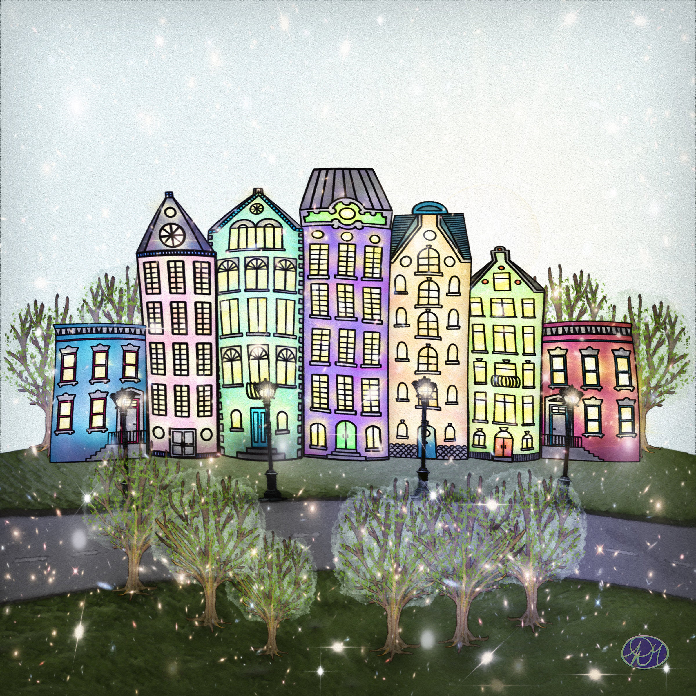 Row houses 1 art print trees river cityscape park scene | Etsy