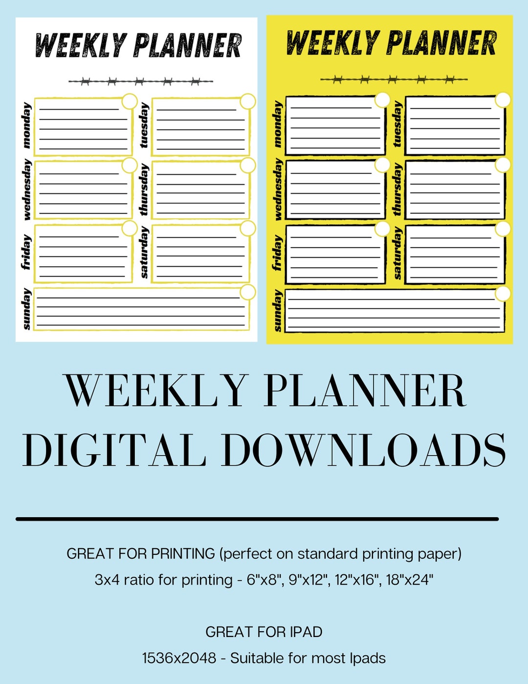 Weekly Planner Digital Download, Set of Two (light/dark), Printable PNG ...
