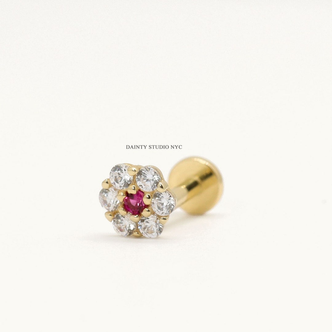 14K Solid Gold Tiny CZ Ruby Flower Internally Threaded Ear Cartilage ...