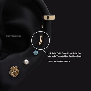 14K Solid Gold Curved Line Jelly Bar Internally Threaded Ear Cartilage ...