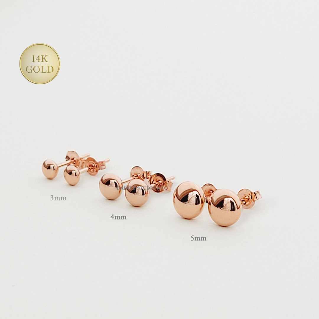 14K Rose Gold Tiny Flat Dot Ball Stud Earring 3MM, 4MM, 5MM, Tiny Rose Gold Button Ball Earrings ...