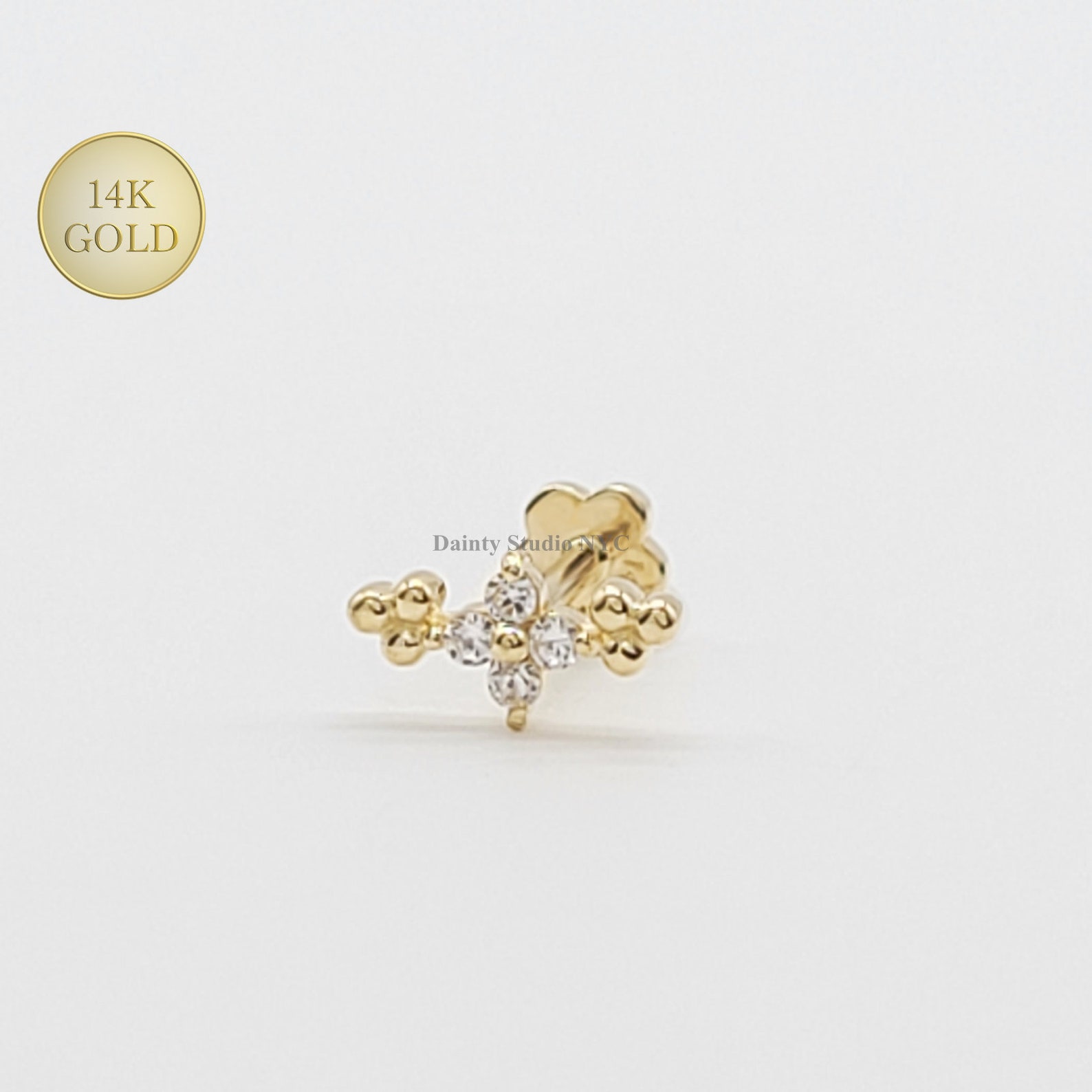 14K Solid Gold CZ Flower Crawler Internally Threaded Cartilage - Etsy