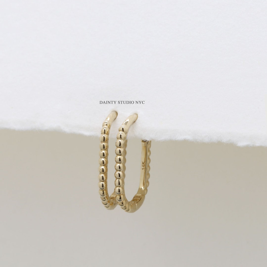 14K Solid Gold U Shape Beaded Huggie Hoop Earrings, Daily Hoop Earrings ...