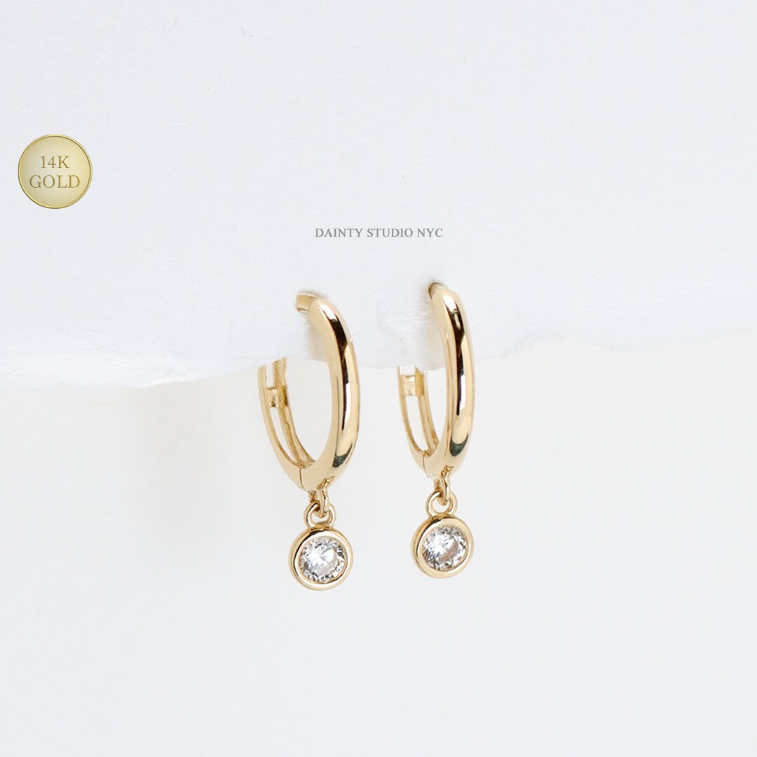 14K Solid Gold CZ Bezel Setting Drop Hinged Huggie Hoop Earrings, Drop ...