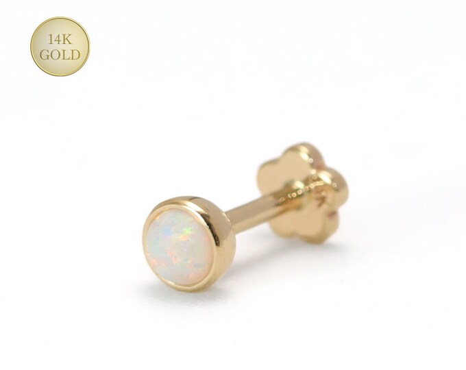 14K Solid Gold Tiny Opal Internally Threaded Ear Cartilage Stud, Flat Back Earring, Tiny Opal ...