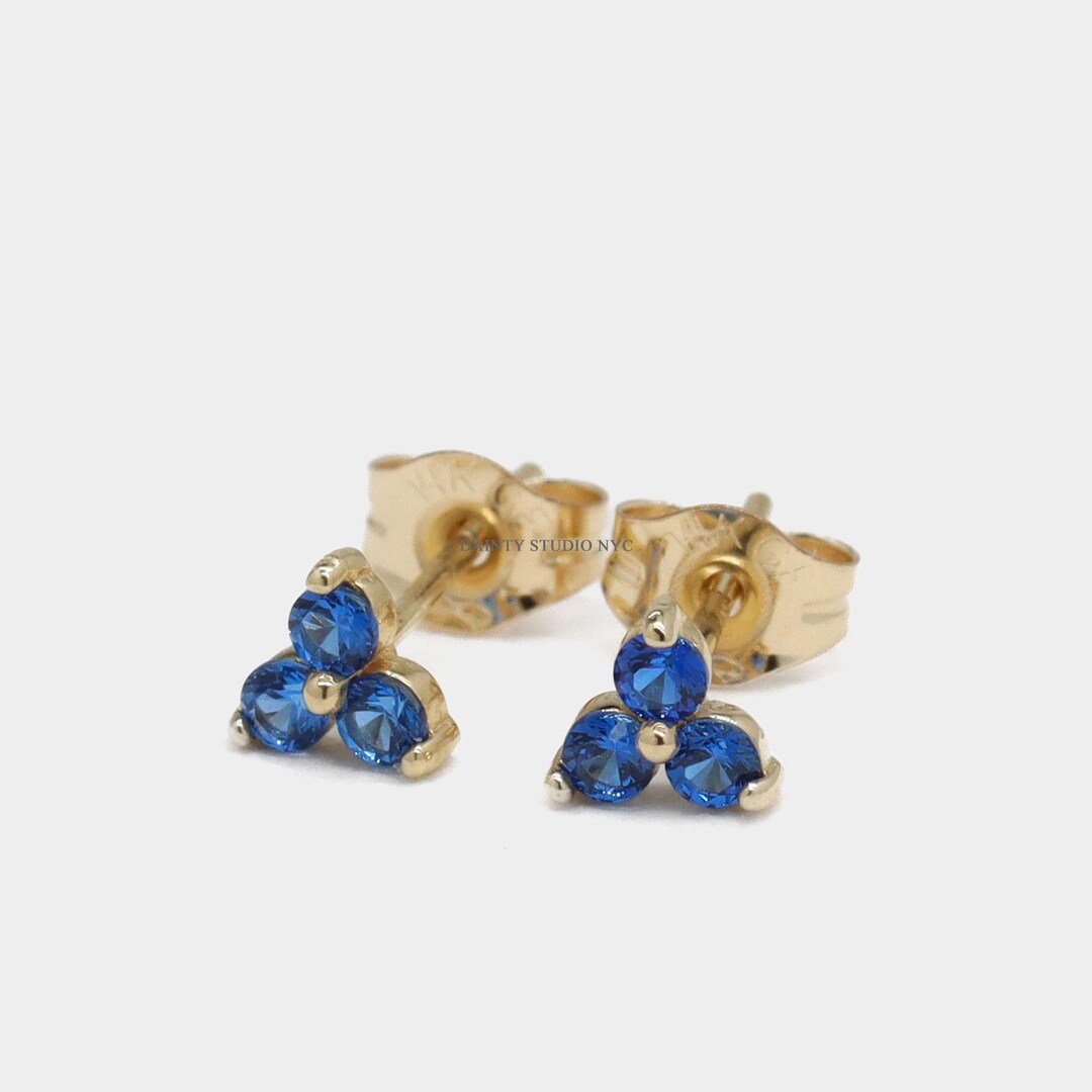 14K Solid Gold Tiny Blue CZ Sapphire Trinity Cluster Stud Earrings, Three Stone CZ Studs, Trio ...