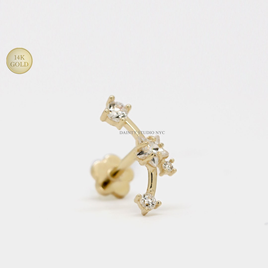 14K Solid Gold Curved Star Celestial Crawler Cartilage Internally ...