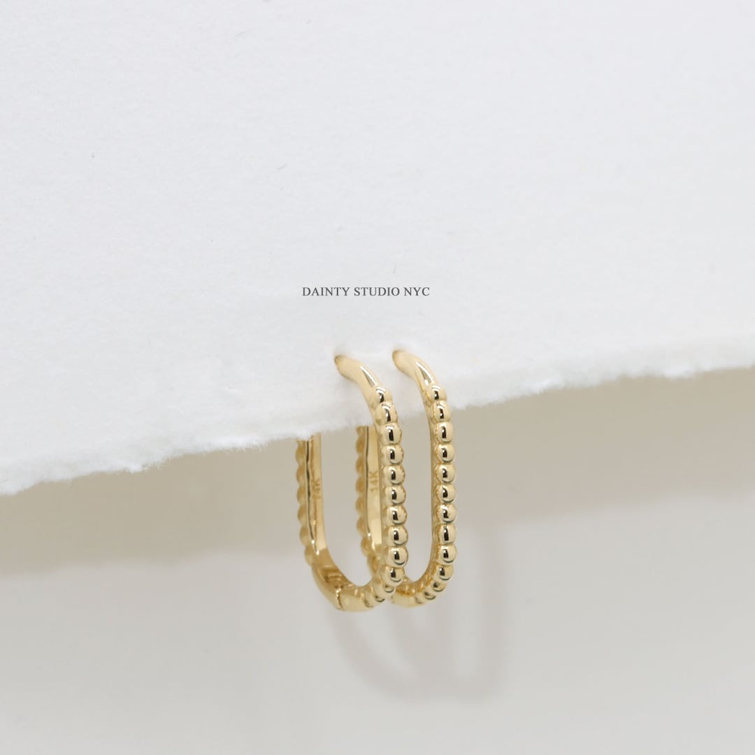 14K Solid Gold U Shape Beaded Huggie Hoop Earrings, Daily Hoop Earrings ...
