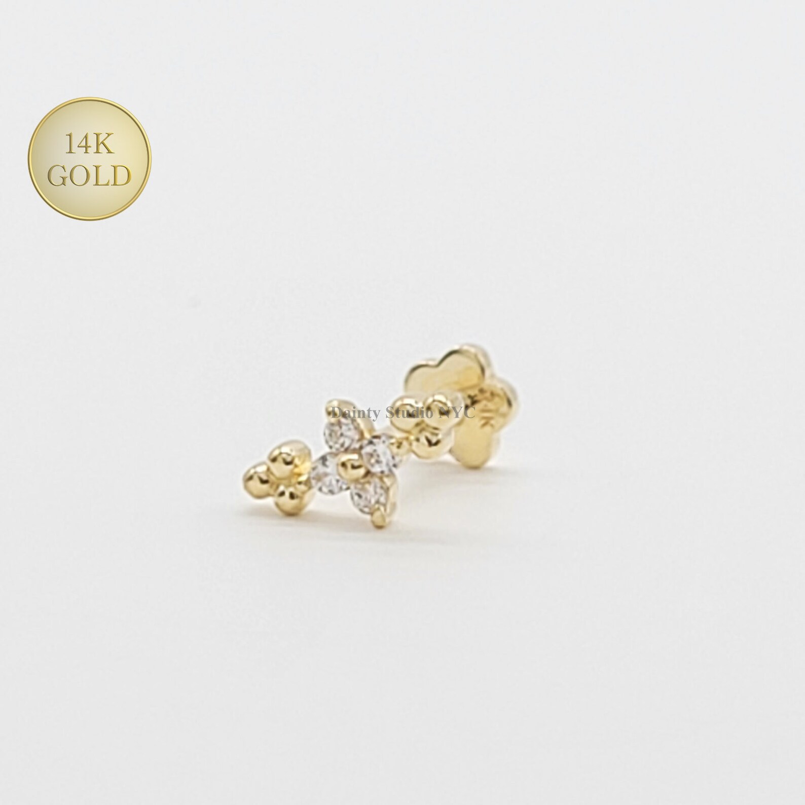 14K Solid Gold CZ Flower Crawler Internally Threaded Cartilage - Etsy