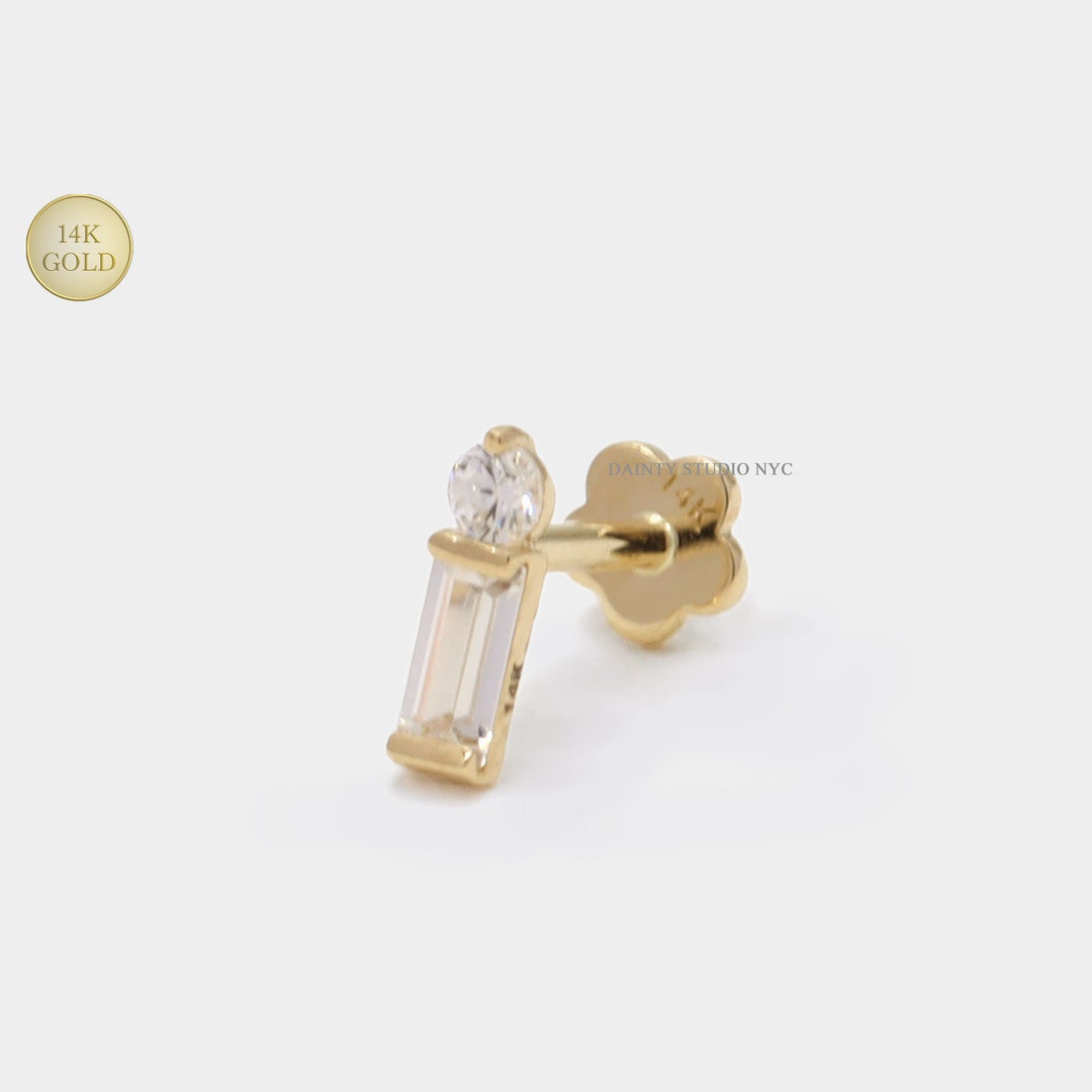 14K Solid Gold Minimalist CZ Round Baguette Cut Internally Threaded Ear ...