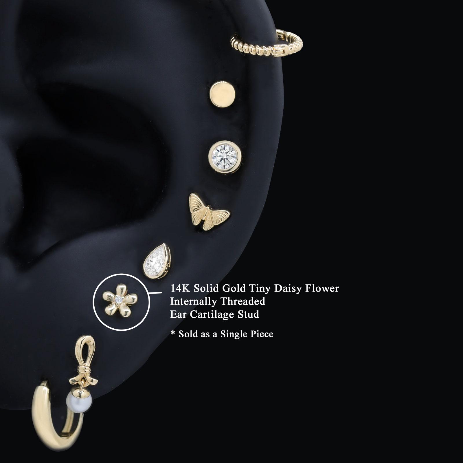 14K Solid Gold Tiny Daisy Flower Internally Threaded Ear Cartilage Stud ...