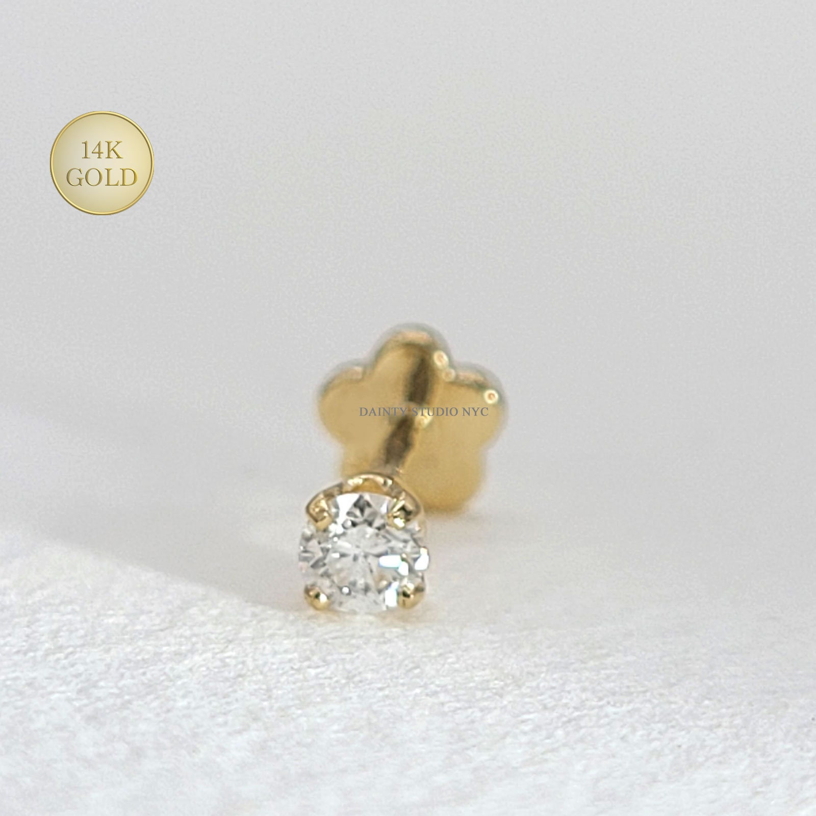 14K Solid Gold Tiny Genuine Diamond Internally Threaded - Etsy