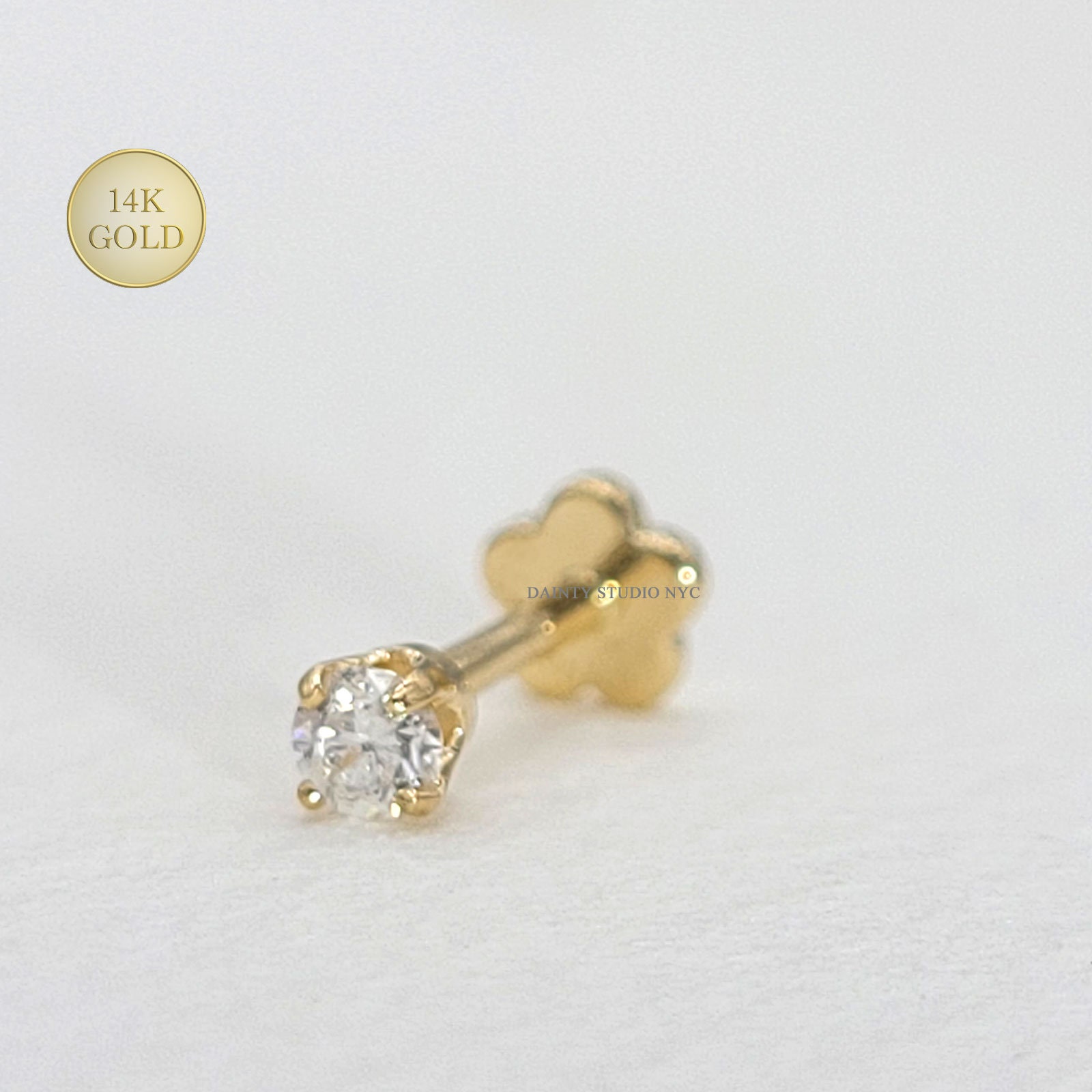 14K Solid Gold Tiny Genuine Diamond Internally Threaded - Etsy