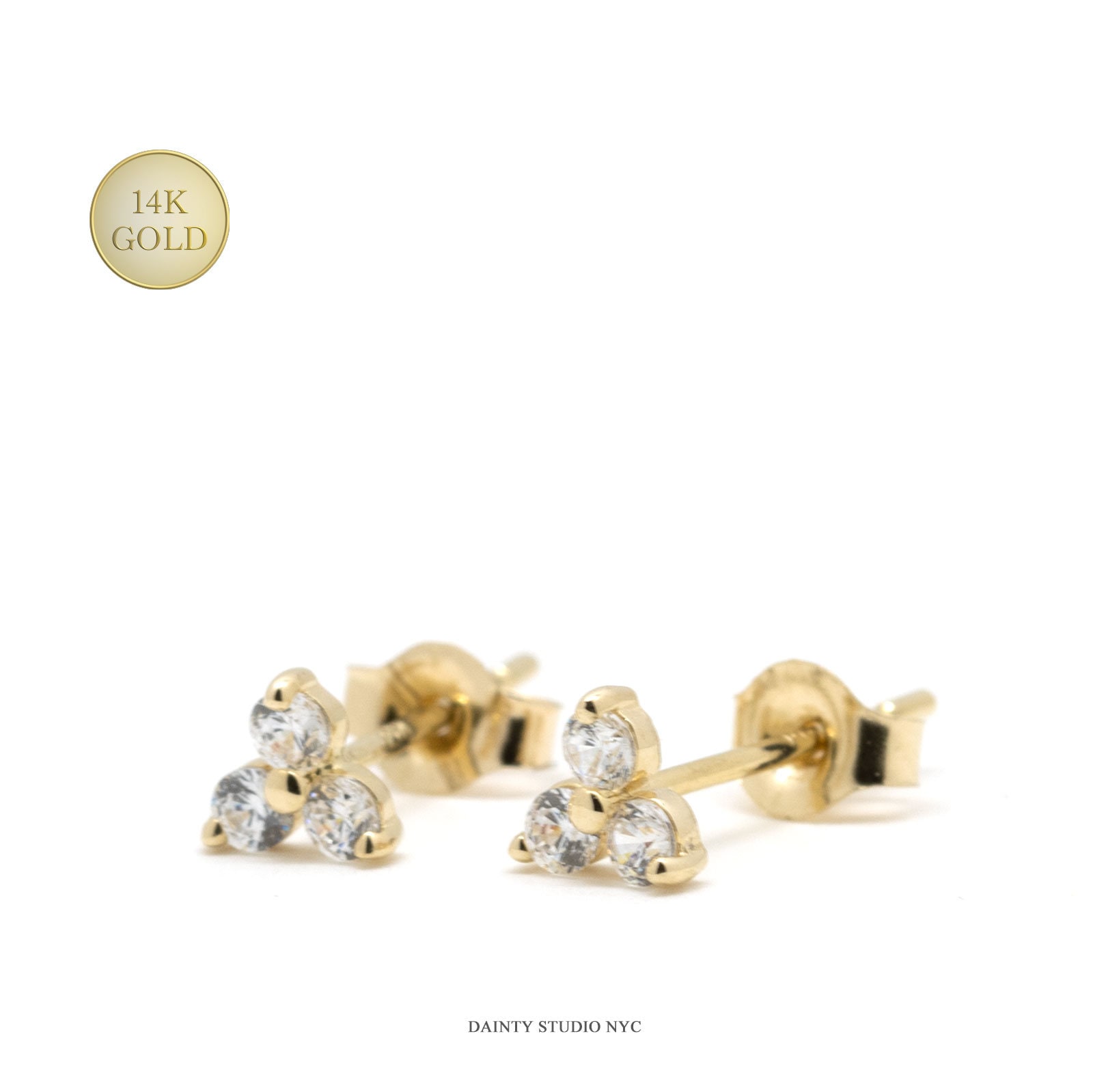 14K Solid Gold Tiny Trinity Trio Triangle Cluster Stud | Etsy