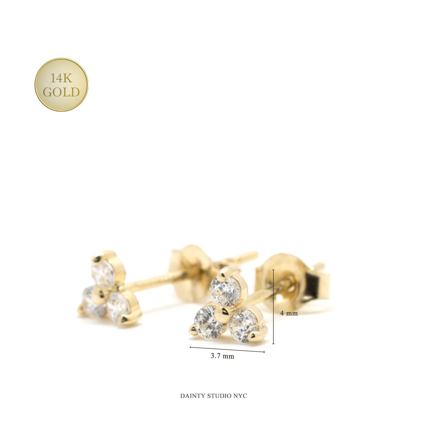 14K Solid Gold Tiny Trinity Trio Triangle Cluster Stud | Etsy