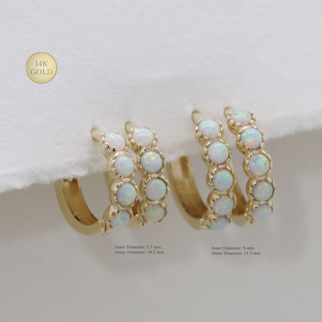 14K Solid Gold Tiny Opal Round Huggie Hoop Earrings, Opal Cartilage Hoop Earrings, Mini Opal ...