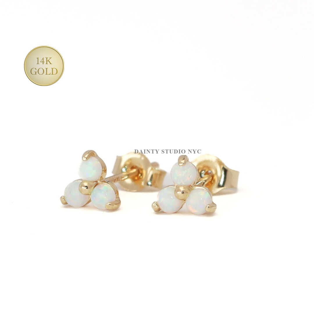 14K Solid Gold Three Trio Opal Cluster Stud Earrings, Opal Trinity Studs, Second Hole Earrings ...