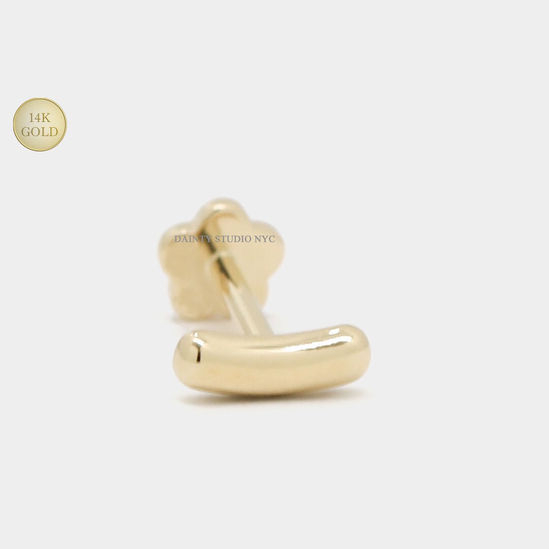 14K Solid Gold Curved Line Jelly Bar Internally Threaded Ear Cartilage ...