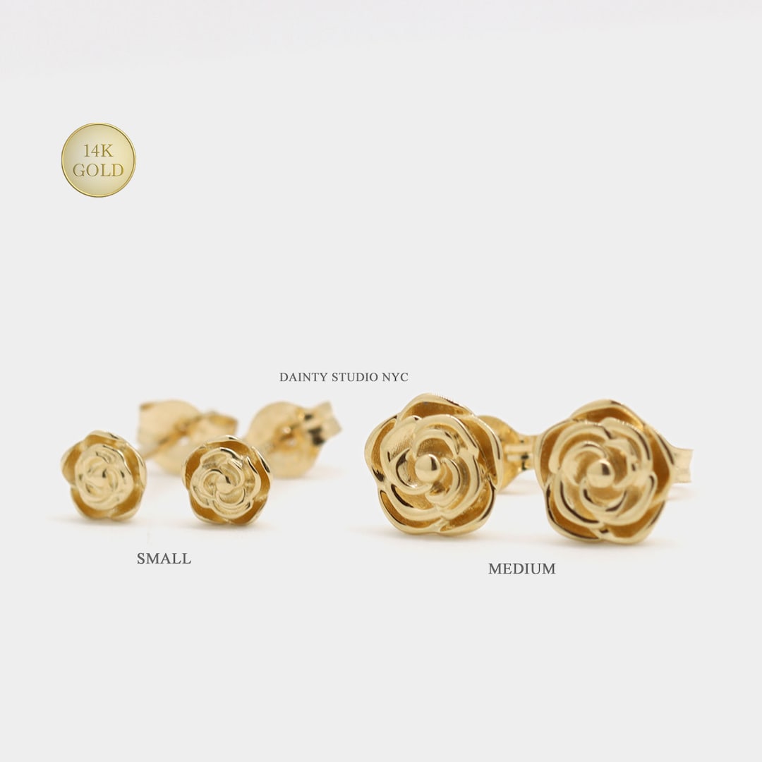 14K Solid Gold Rose Flower Stud Earrings, Real Solid Gold Floral Earrings, Blossom Earrings ...