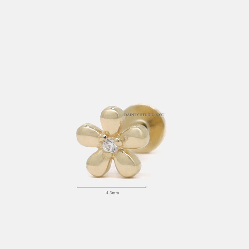 14K Solid Gold Tiny Daisy Flower Internally Threaded Ear Cartilage Stud ...