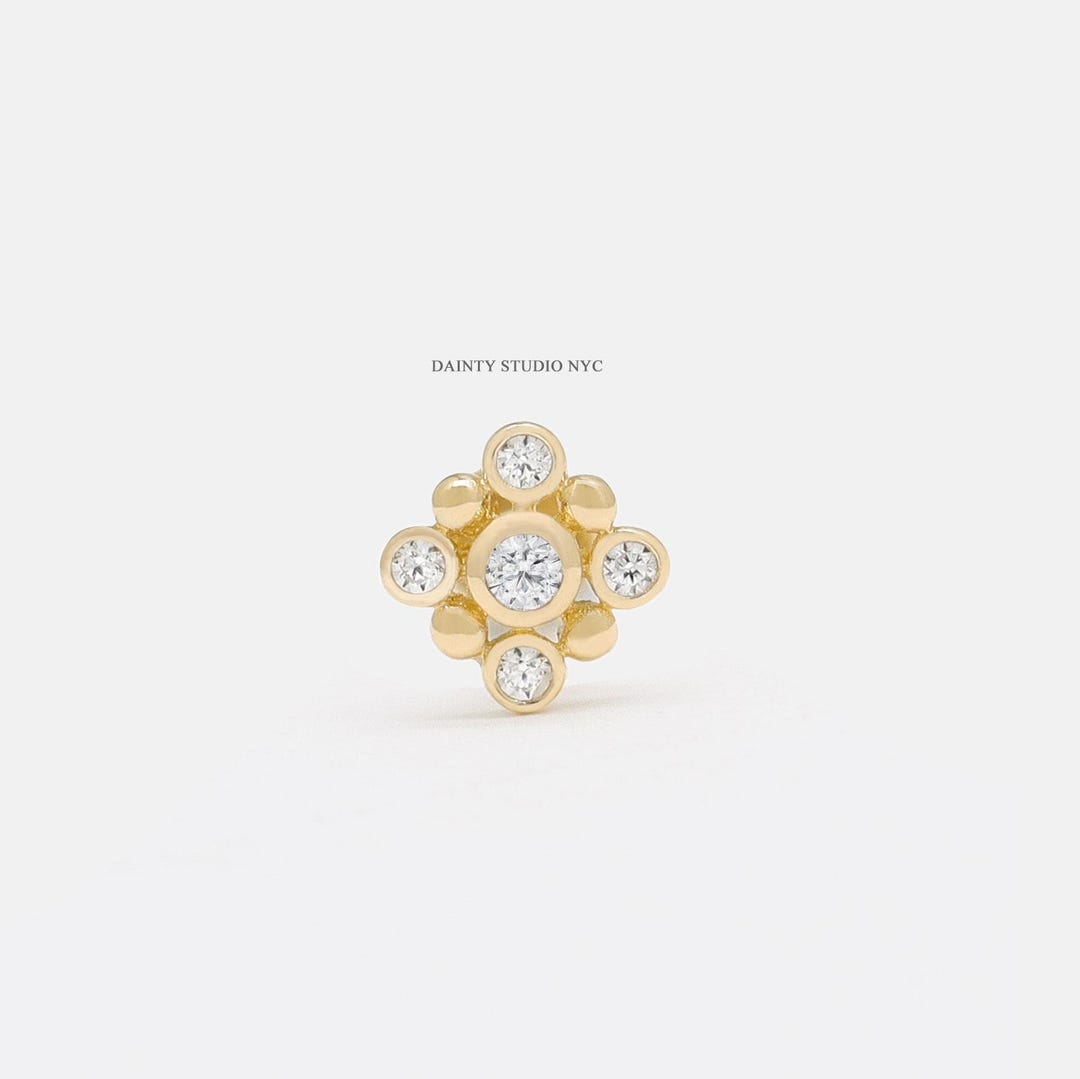 14K Solid Gold CZ Bezel Cluster Flower Internally Threaded Ear ...