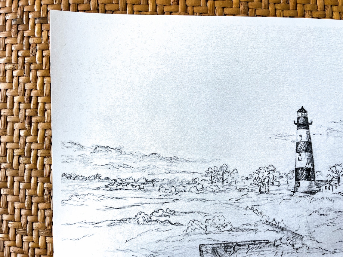 Lighthouse Landscape Drawing Print, Coastal Artwork - Etsy
