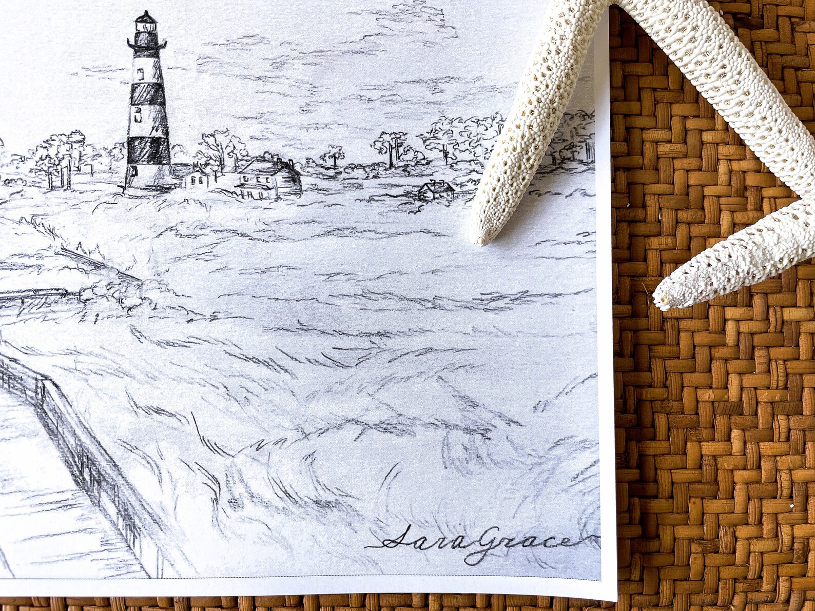 Lighthouse Landscape Drawing Print, Coastal Artwork - Etsy
