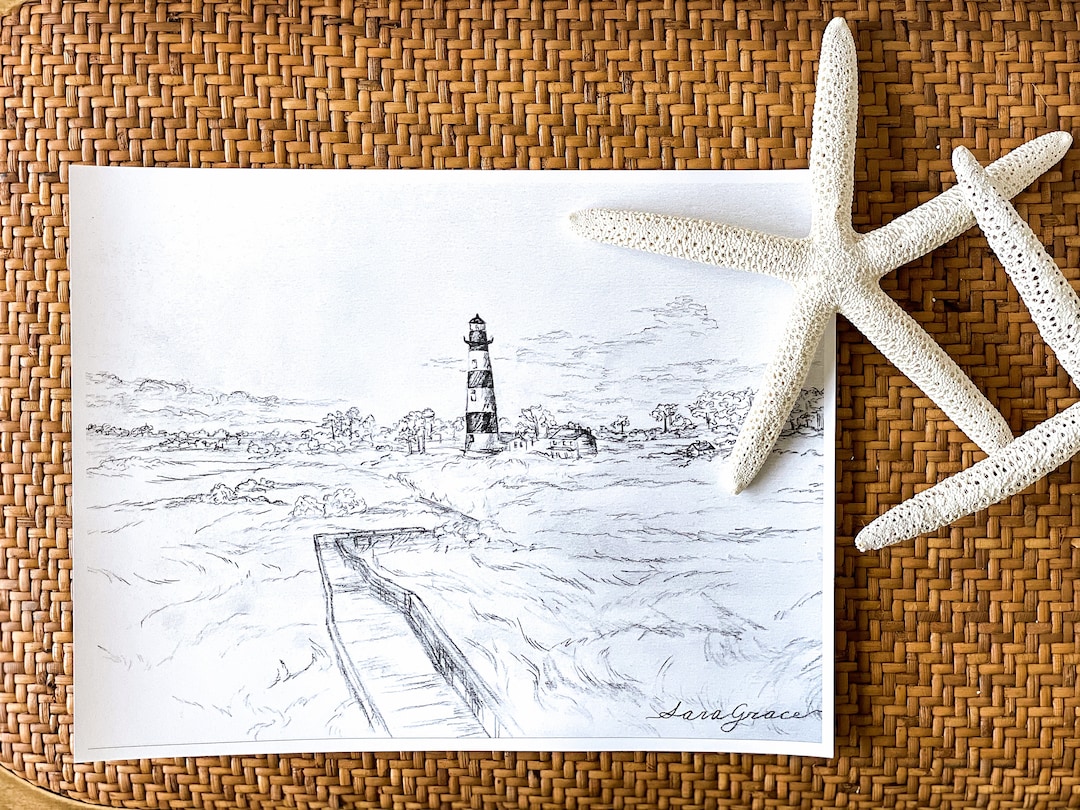 Lighthouse Landscape Drawing Print, Coastal Artwork - Etsy