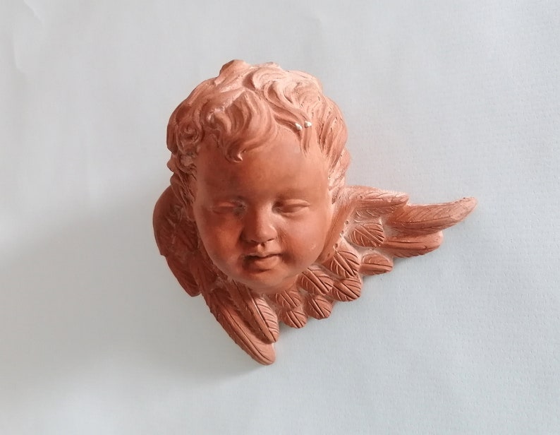 Stucco Angel's Head, Ceramic Angel, Vintage Cherub, Red Ceramic Winged ...