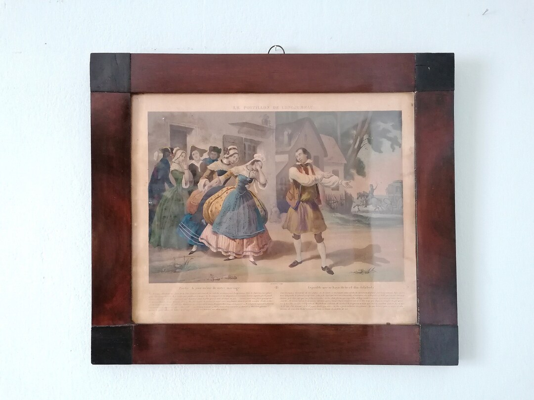 Antique Wooden Brown Frame, Vintage French Engraving, Hand Colored ...