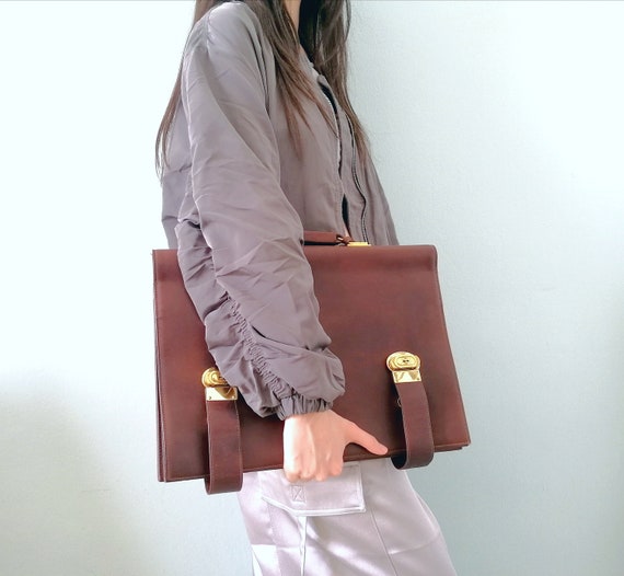 Vintage leather file folder, brown leather document c… - Gem