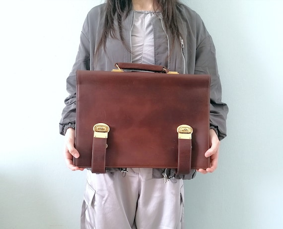 Vintage leather file folder, brown leather document c… - Gem