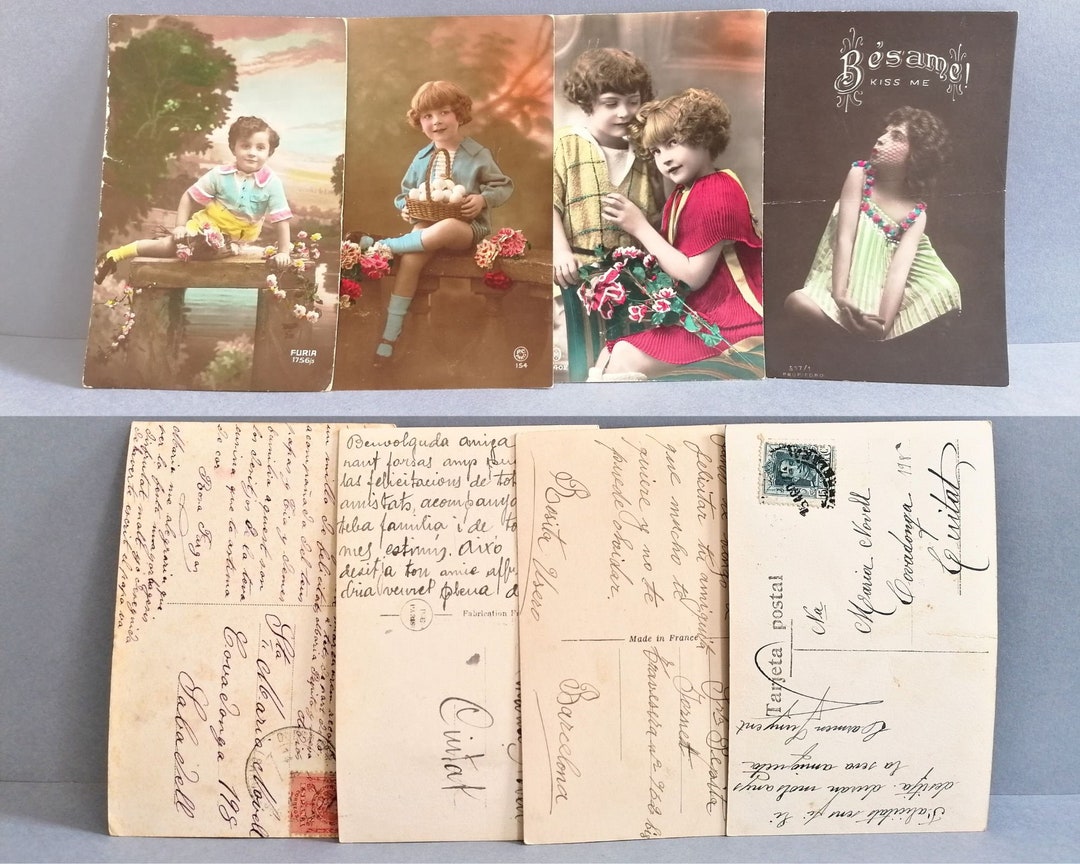 Antique Postcards Set, Vintage Postcards With Children, Hand Coloured ...