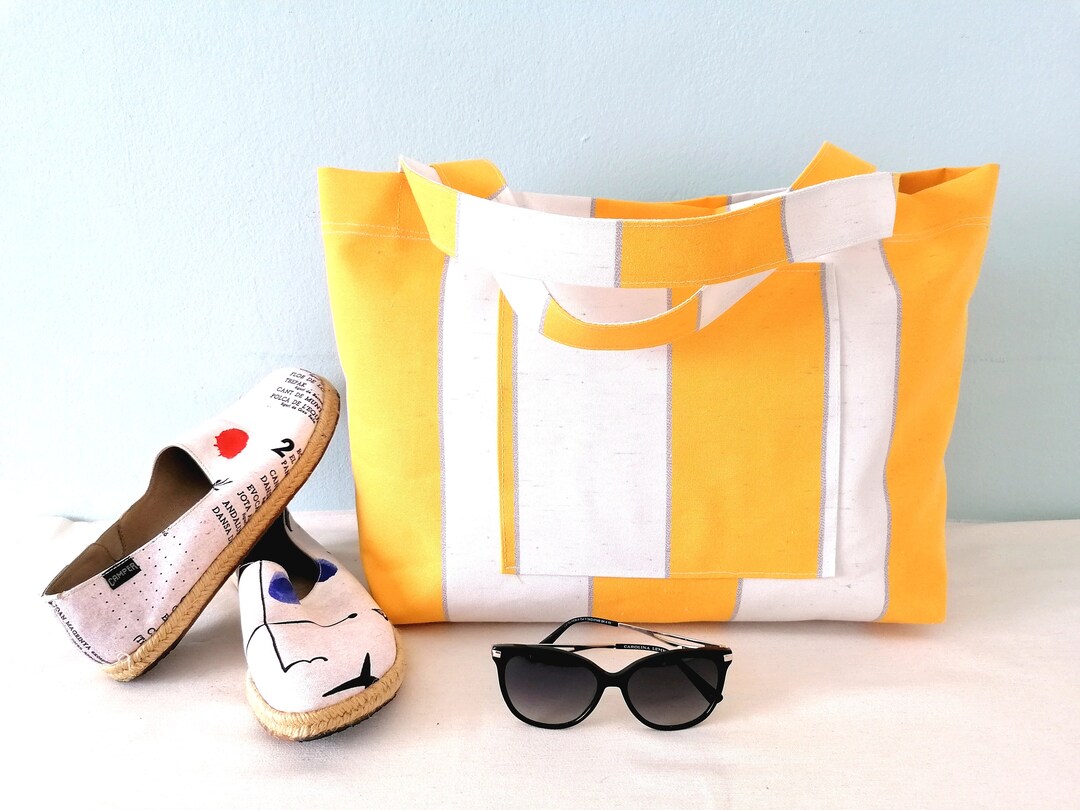 Yellow Stripes Beach Bag, Waxed Shopping Tote, Hand Made Summer ...