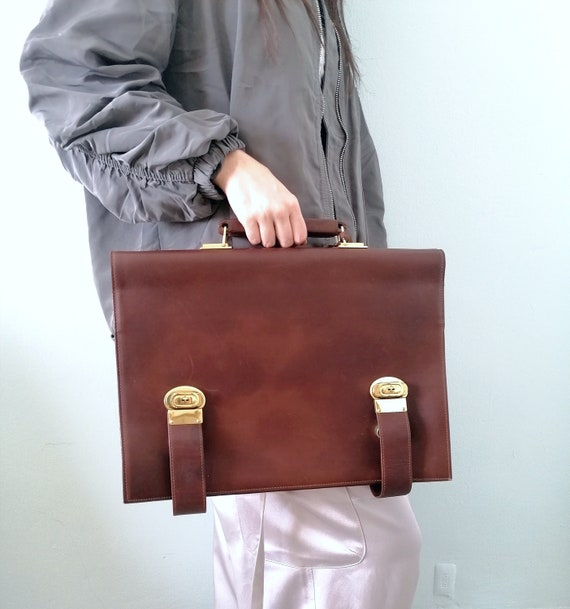 Vintage leather file folder, brown leather document c… - Gem