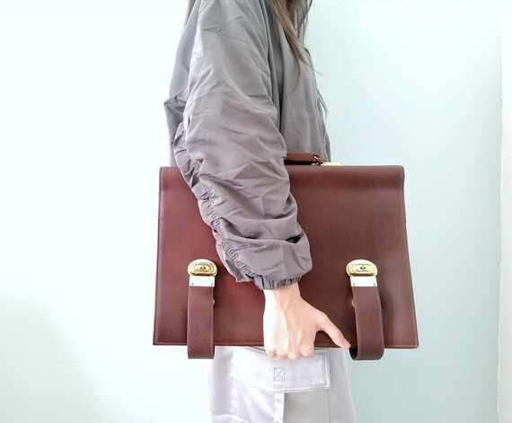 Vintage leather file folder, brown leather document c… - Gem