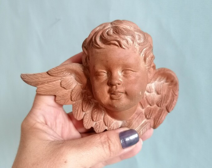 Stucco Angel's Head, Ceramic Angel, Vintage Cherub, Red Ceramic Winged ...