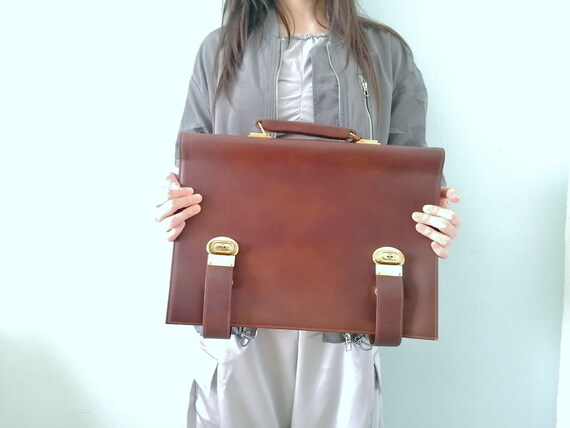Vintage leather file folder, brown leather document c… - Gem