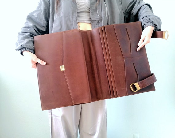 Vintage leather file folder, brown leather document c… - Gem
