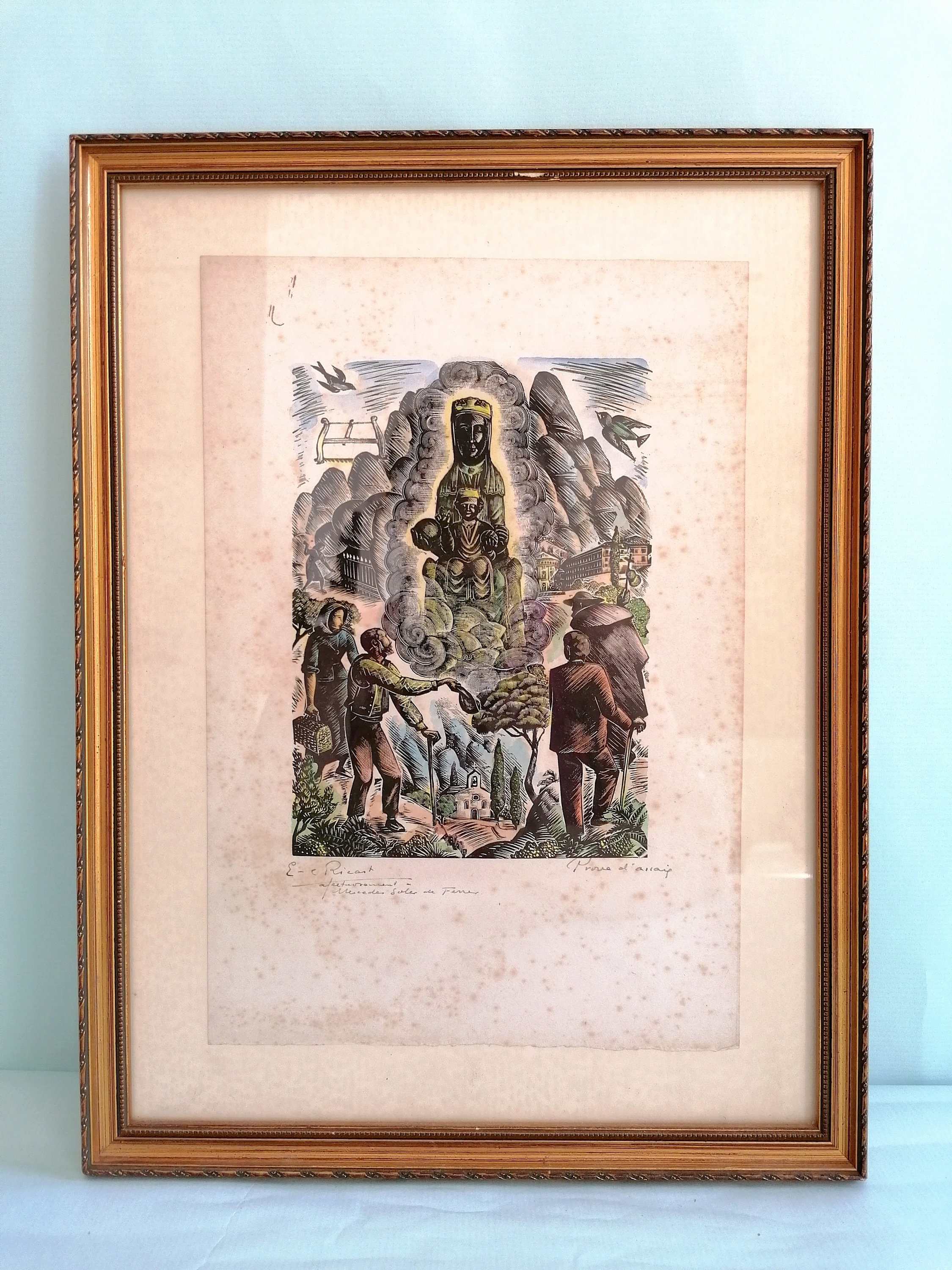Vintage Coloured Etching, Black Madonna From Montserrat, Catholic Art ...