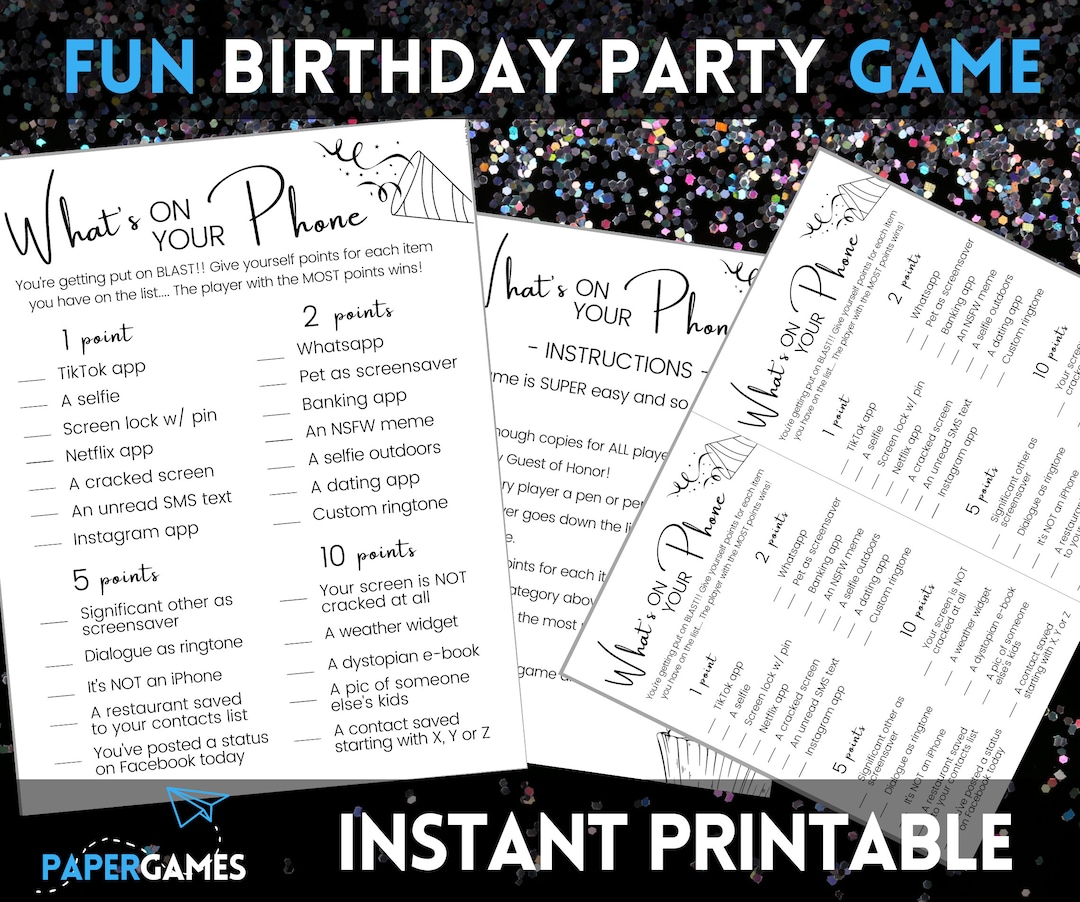 Funny Adult Birthday Party Game: What's on Your Phone (PDF, PNG, JPG ...