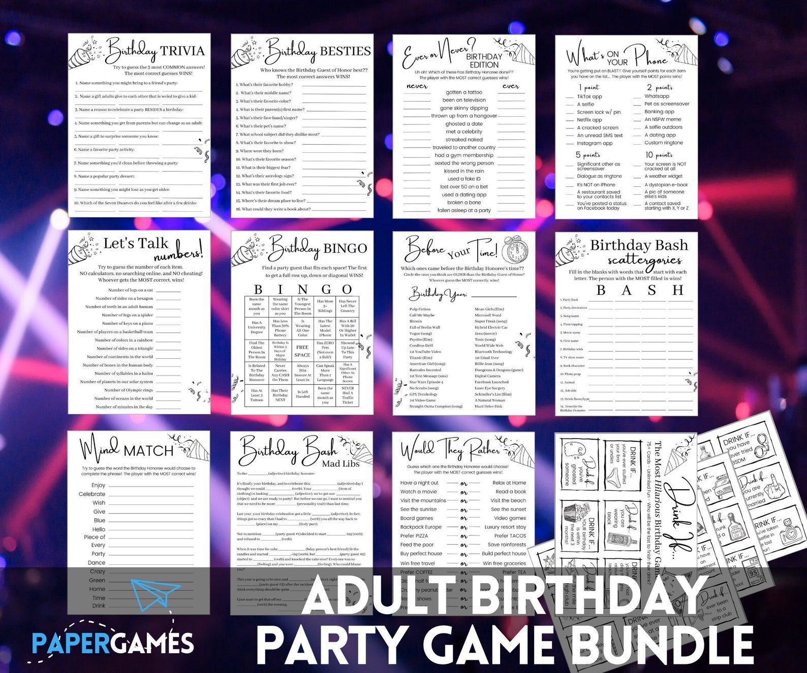 12 Epic Birthday Games Bundle | Printable Party Games, Adult Games ...