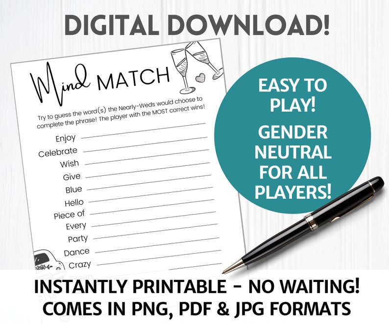 Mind Match Bach Party Game Printable Couples Shower Game Hen Party Game ...